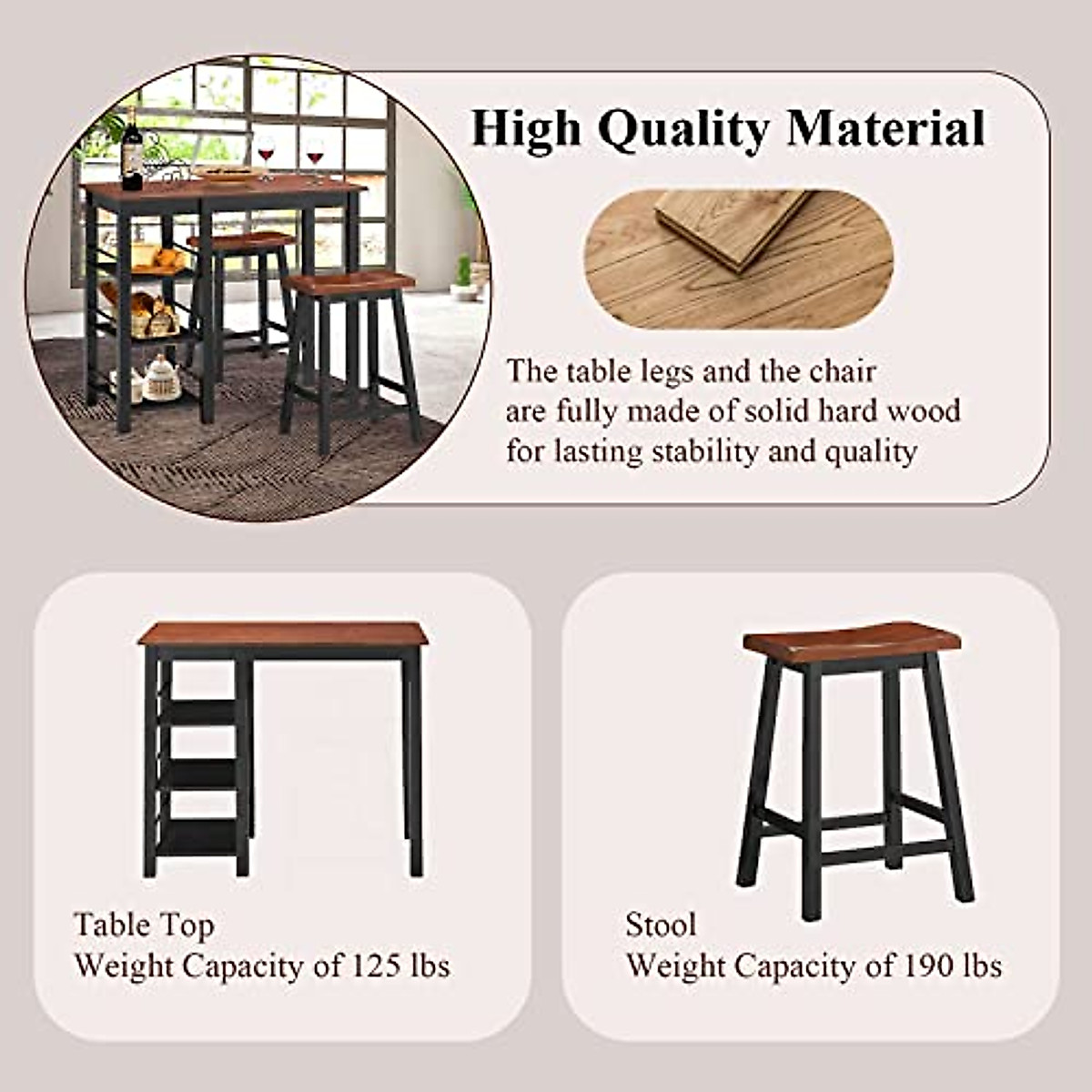 COSTWAY 3 Pieces Pub Table and Chair Set, Counter Height Dining Table Set with 2 Stools and 3 Storage Shelves, Industrial Wood Kitchen Table Set for Bar Bistro, Living Room, Restaurant