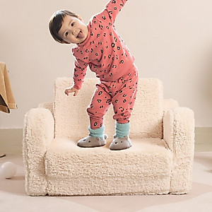 MOMCAYWEX Kids Chairs for Toddler, 2-in-1 Toddler Soft Sherpa Couch Fold Out, Convertible Sofa to Lounger for Girls and Boys, Cream