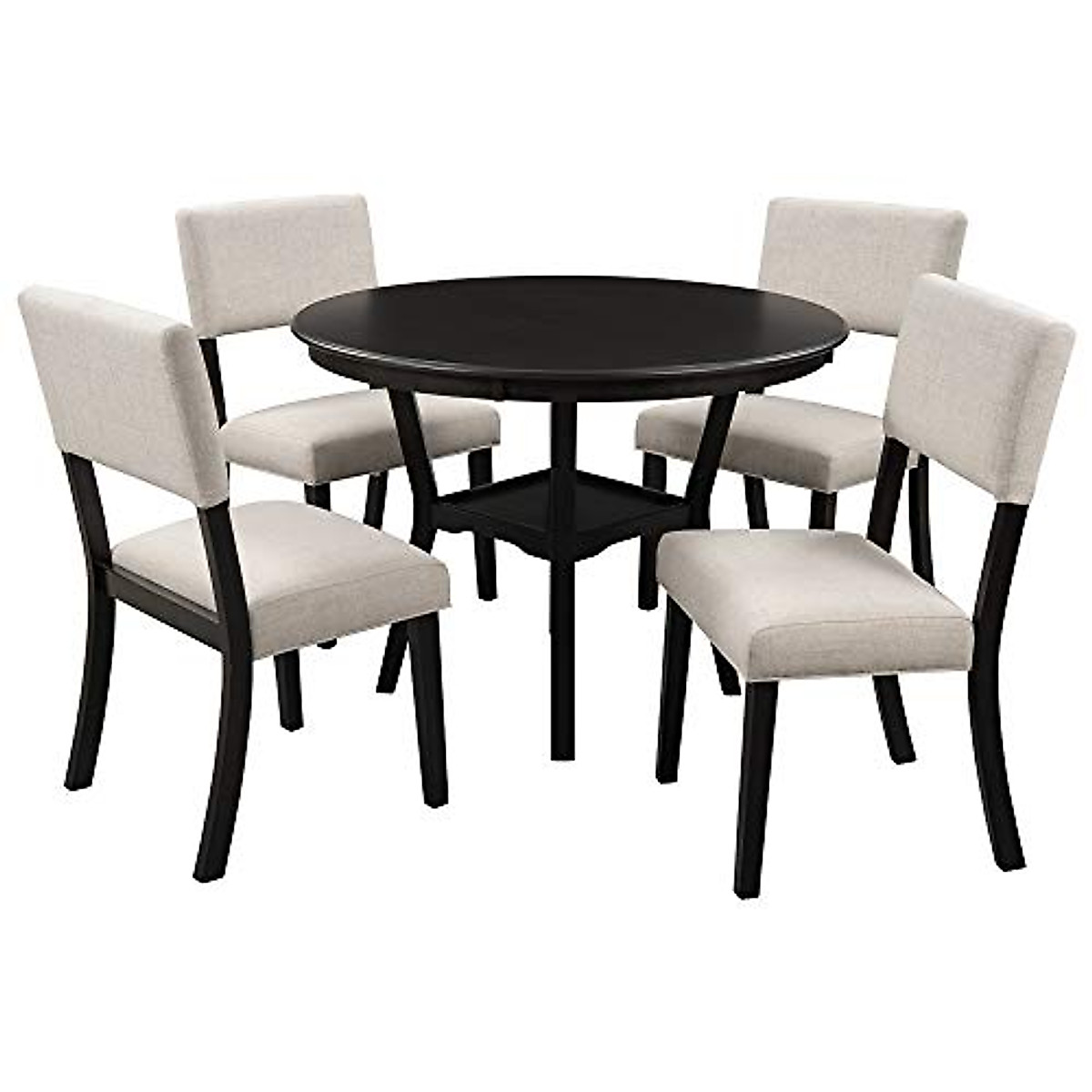 FANYE 5 Pieces Sets with Wooden Round Table Bring Bottom Shelf and 4 Linen Upholstered Chairs with Back Cushion for Home Breakfast, Lunch & Dinner Kitchen & Dining Room Furniture, Espresso+Beige