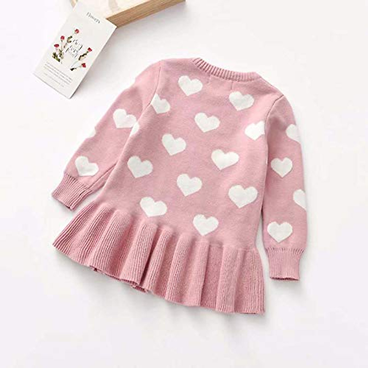 WALLARENEAR Toddler Baby Girl Valentine Dress Kids Heart Long Sleeve Knit Sweater Dress Pleated Dress Fall Winter Warm Outfits (Pink, 2-3 Years)