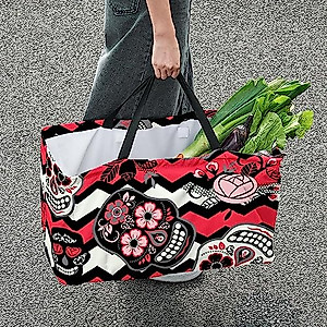 KQNZT Reusable Grocery Bags, Heavy Duty Reusable Shopping Bags, Large Tote Bags with Long Handles and Reinforced Bottom, Pink Skull Flowers Mexican Style