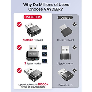 Vaydeer Tiny Mouse Jiggler, T3s Mouse Mover Made of Premium Aluminum Alloy, Longer Life Span, Plug and Play, 100% Undetectable, 3 Natural and Random Tracks, USB Mouse Mover to Boost Your Productivity