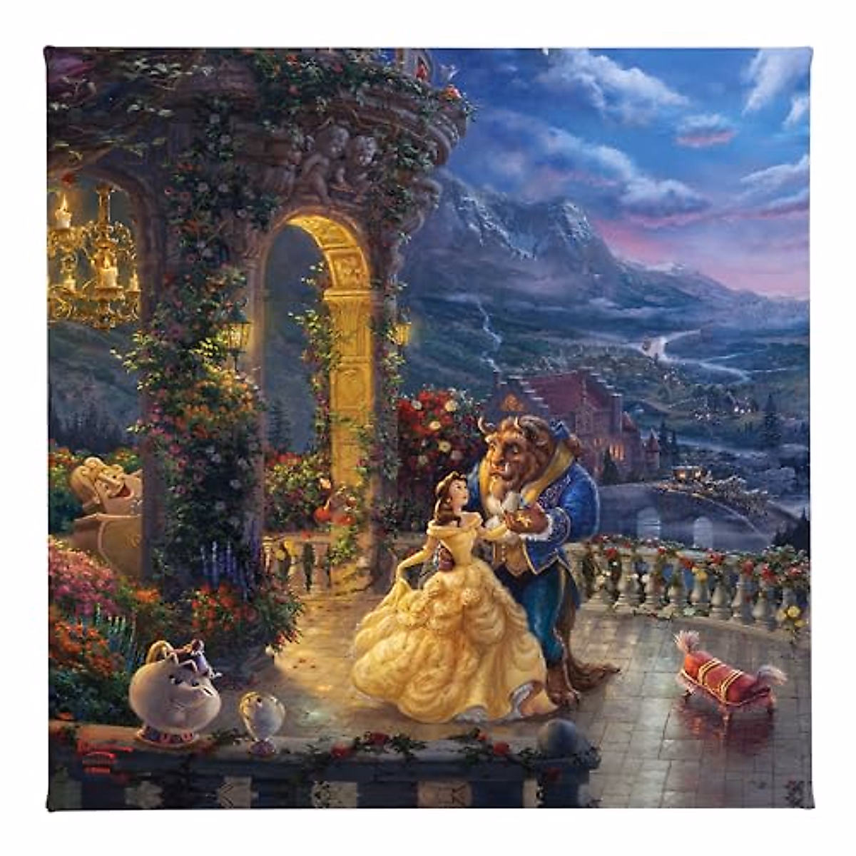 Thomas Kinkade Disney Beauty and the Beast Dancing in the Moonlight Gallery Wrapped Canvas Art | Frameless Wall Art Decor | Certificate of Authenticity Included, 14" x 14"