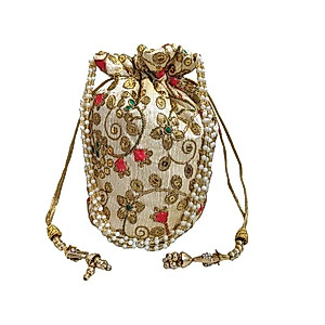 CRAFT BAZAAR Women Indian Potli Bag, Drawstring Bucket Bag With Pearls Wristlet For Weddings, Parties, Brides