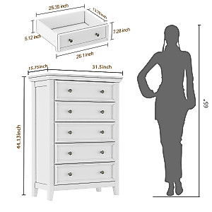 BOSHIRO White Dresser, 5 Chest of Drawer Dresser for Bedroom, Modern Tall Nightstand with Deep Drawers, Wood Organizer Drawer Cabinet for Bedroom, Living Room,Hallway