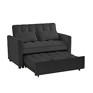 Lepfun 3 in 1 Convertible Sleeper Sofa Couch with Pull Out Bed, Small Futon Loveseat Lounge Chaise with Reclining Backrest and Armrest, Upholstered Love Seats Sofabed, Black Velvet