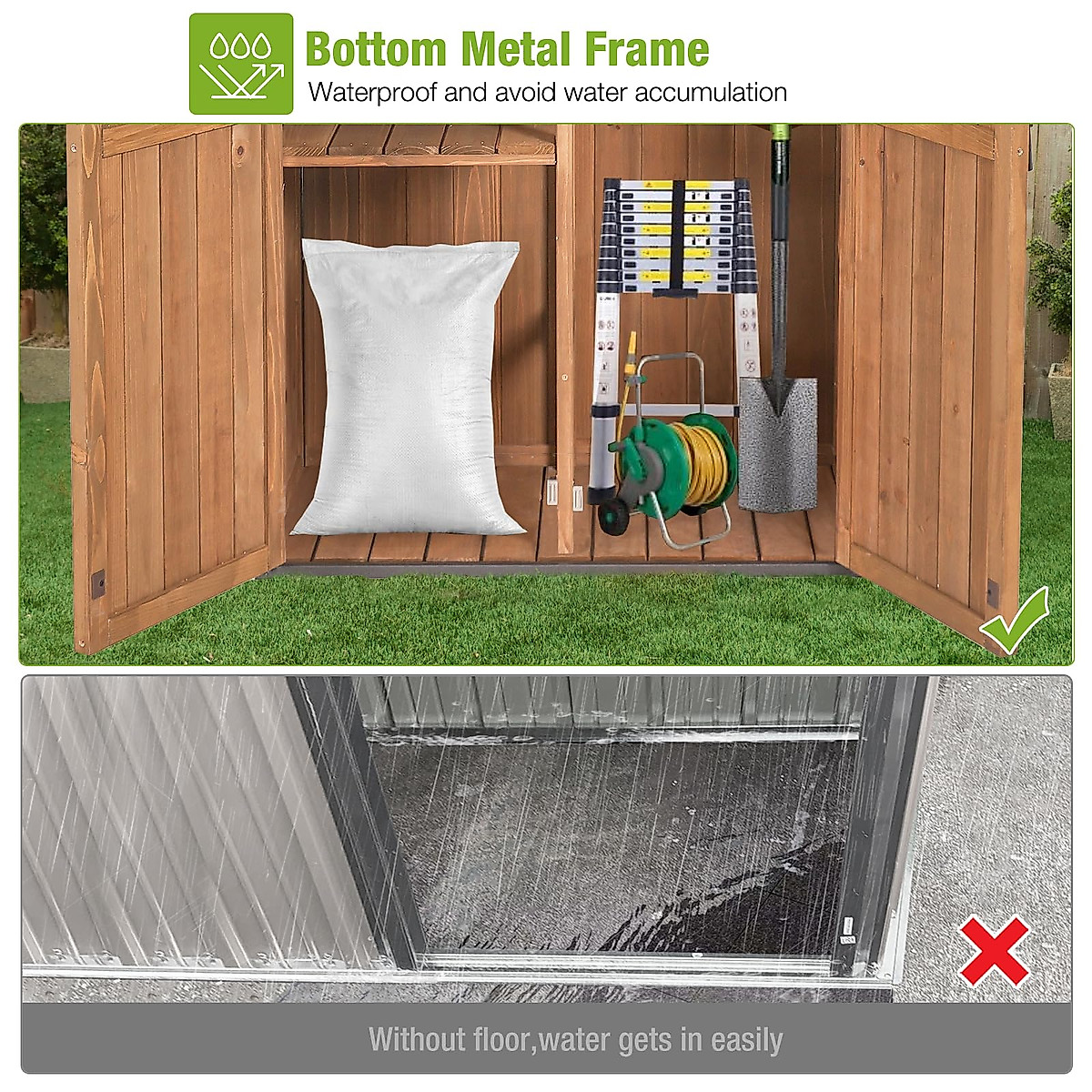 Outdoor Storage Shed with All Around Strong Metal Frame, Garden Shed with Adjustable Shelfs, Wooden Tool House with Floor, for Backyard Garden Patio Lawn, Brown