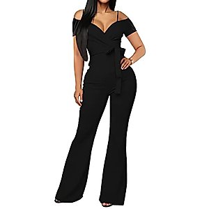 Women's Jumpsuit Elegant Sexy V Neck off Shoulder High Waisted Flared Pants Casual Rompers Party Clubwear with Belt Black 2XL