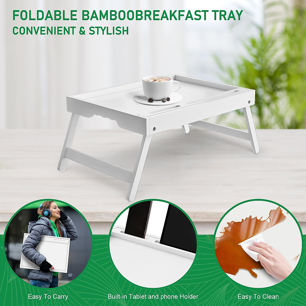 Bed Tray Table with Handles Folding Legs Bamboo Breakfast Food Tray with Media Slot for Platters,Laptop Desk,Snack,TV Tray Kitchen Serving Tray
