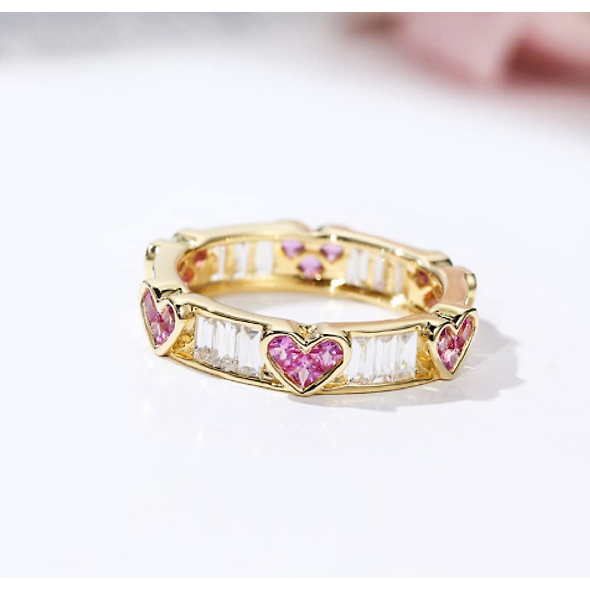 HUKQBUNX 18K Gold Peach Heart Wreath Ring Amethyst CZ Square Crystal Zircon Diamond Ring Women's Precious Fashion Wedding Engagement Couple Ring Size 6-10 (Size 7)