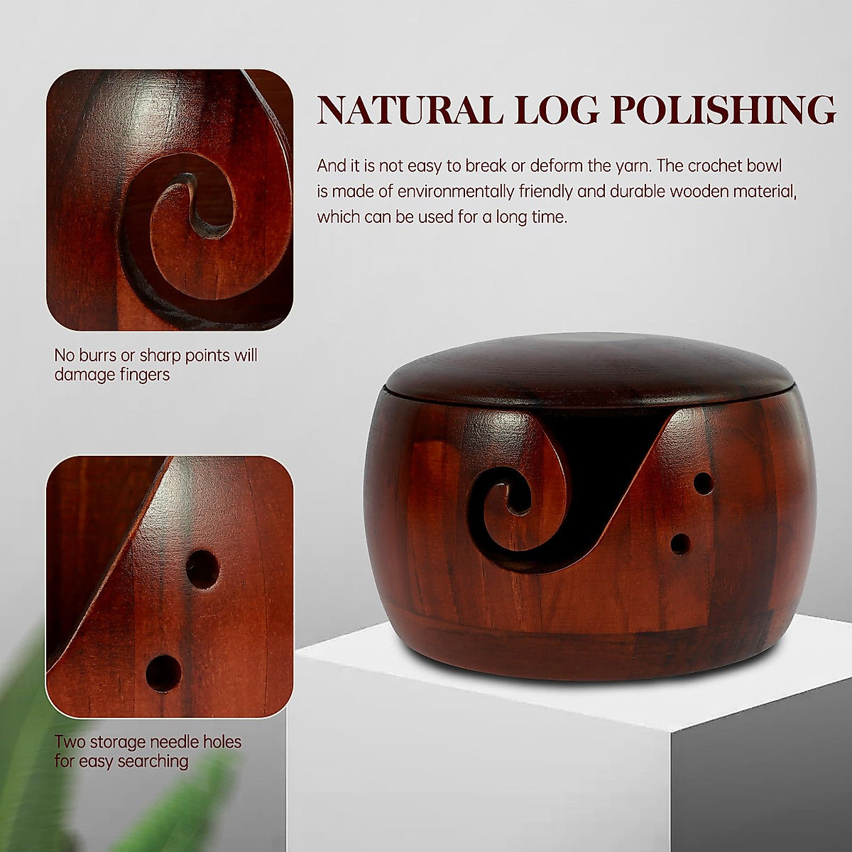 Txkrhwa Wooden Yarn Bowl, Round Crochet Bowl, Holder with Holes Pine Knitting Yarn Bowls, Wooden Weaving Thread Bowl with Lid Portable Yarn Storage Bowl for DIY Knitting Crafts 5.9x5.9x3inch