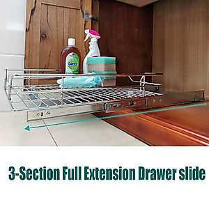 Pull Out Cabinet Organizer（11" W x 21" D x 5" H, 1 Tier Heavy Duty Slide Out Kitchen Cabinet Shelves, Sliding Drawer for Cabinet, Wire Frame, Chrome Finish