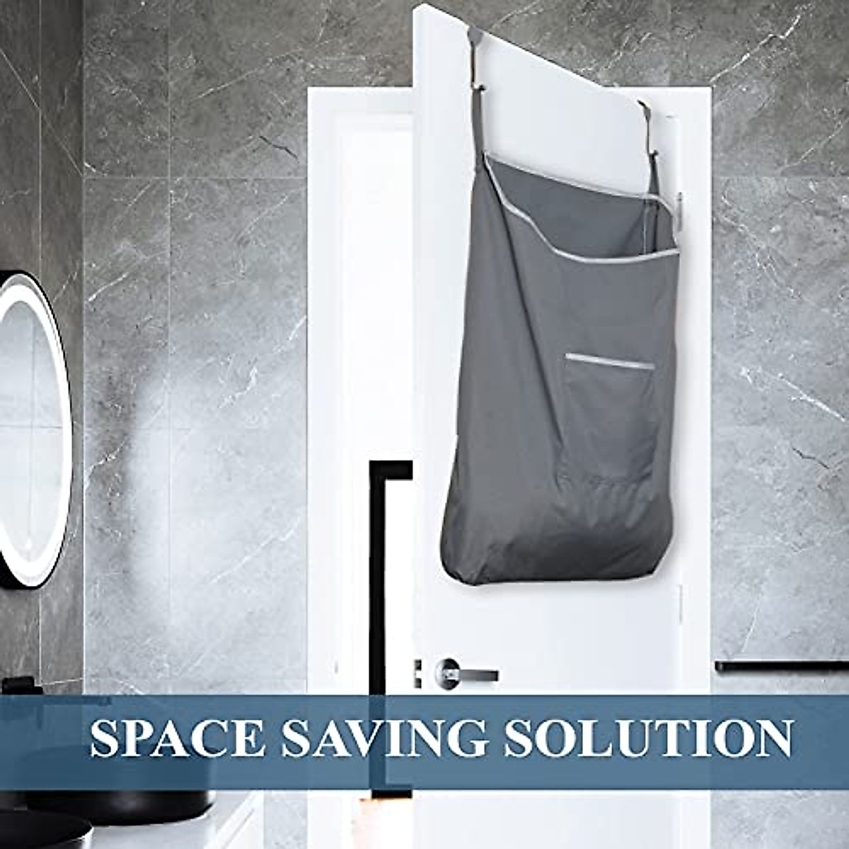 The Fine Living Co. X-Large Hanging Laundry Hamper with Over Door Hooks & Adhesive, Durable Space Saving Laundry Bag with Zipper and Wide Open Top, Hanging Dorm Laundry Hamper 20"x3.38"x30" (Grey-XL)