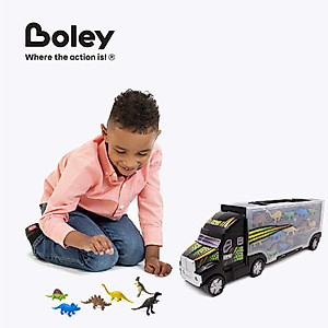 Boley 14 Piece 16" Dinosaur Transport Truck Carrier - Miniature Dino Figures with Semi Truck Trailer Toy - Loadable Miniature Dinosaurs with Portable Truck and Collapsible, Easy-to-Hold Handle