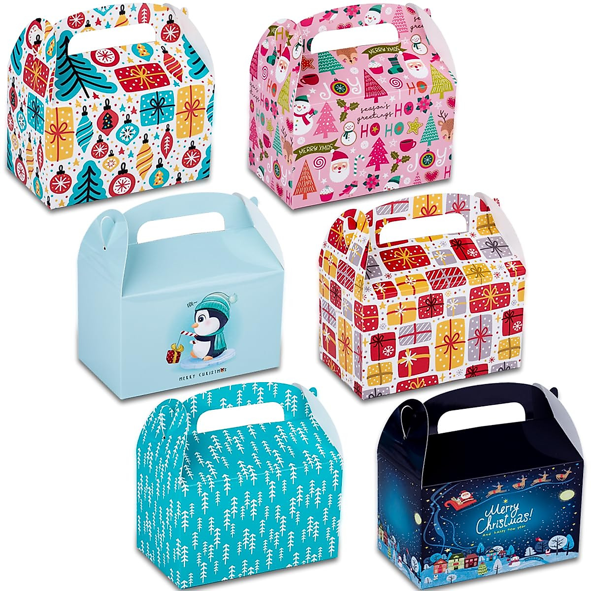 ARTLYMERS 24 Pack Christmas Treat Boxes, Candy Boxes Party Favor Christmas Cookie Dessert Goody Boxes with Handle for Christmas Gift Giving, 6 Patterns