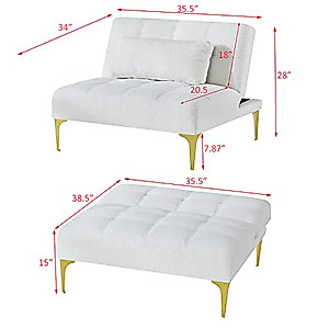 MMTGO Convertible Fabric Sofa Bed with Gold Metal Legs and Toss Pillow,Single Futon Couch w/Three Backrest Settings for Small Spaces,Partment,Studio, 35.5Inch, White Teddy