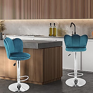 KR EVERKIND Velvet Bar stools, Classic Trident Design Swivel Barstools with Low Back & Footrest, Modern Counter Height Adjustable Bar Chair for Kitchen Island, Blue Set of 2