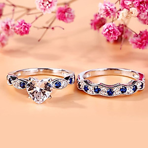 Jeulia 3 Carat CZ Solitaire Engagement Rings Halo Milgrain Heart Cut Sterling Silver Ring Set Promise Engagement Wedding Anniversary Rings Bridal Sets for Women (Blue, 7)