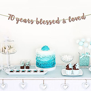 Aonbon Glitter 70 Years Blessed & Loved Banner - 70th Birthday / 70th Anniversary Banner, 70th Birthday / 70th Anniversary Party Decorations - Rose Gold (70)