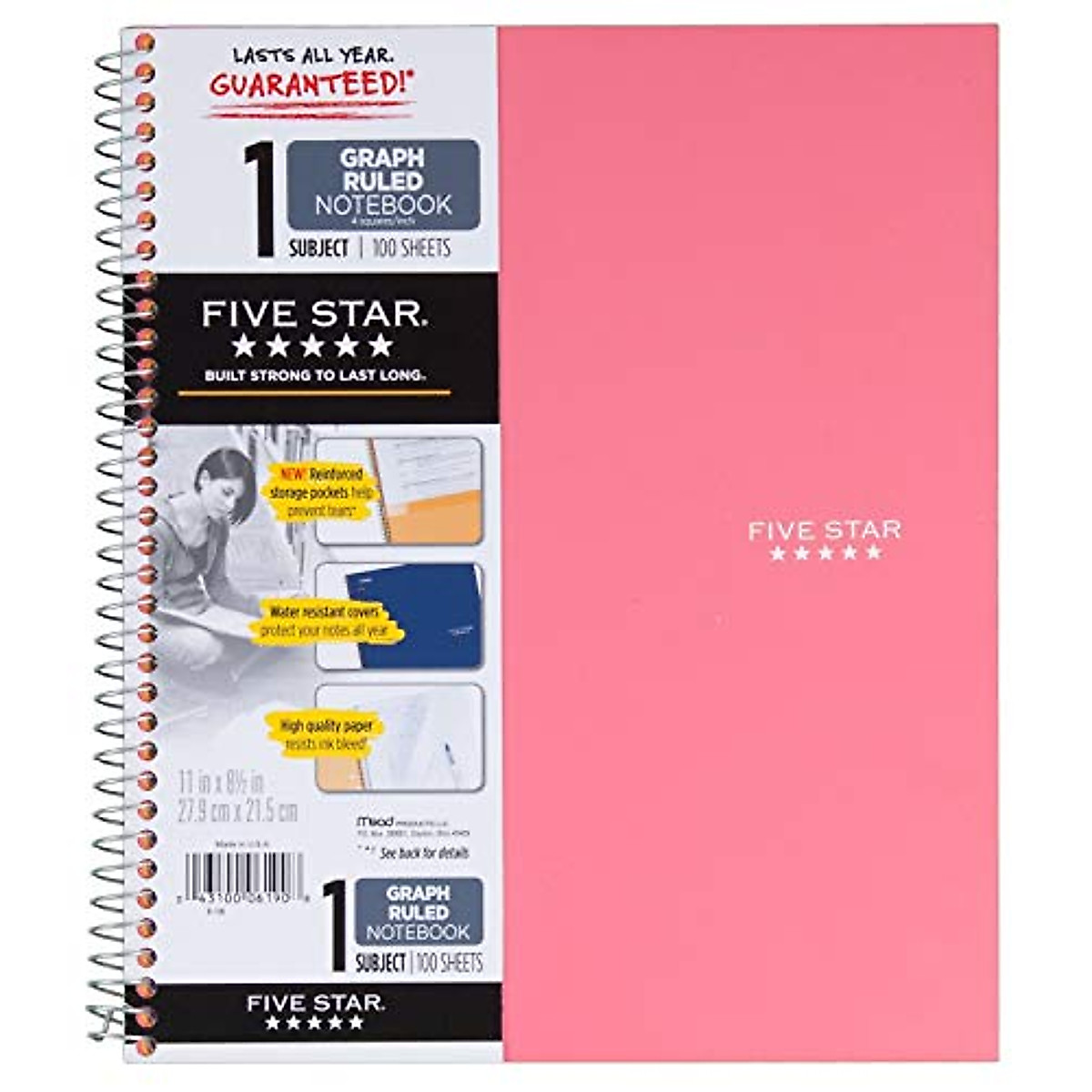 Five Star 06190 11" X 8-1/2" Graph Ruled 1 Subject Notebook Assorted Colors (Pack of 2)