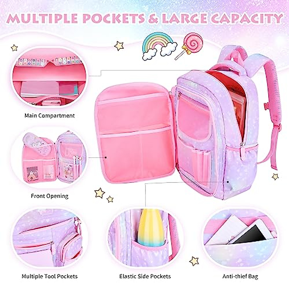 BYXEPA Girls Backpack, School Kids Backpacks, Cute Book Bag with Compartments for Teen Girl Kid Students Elementary Middle School(Purple)