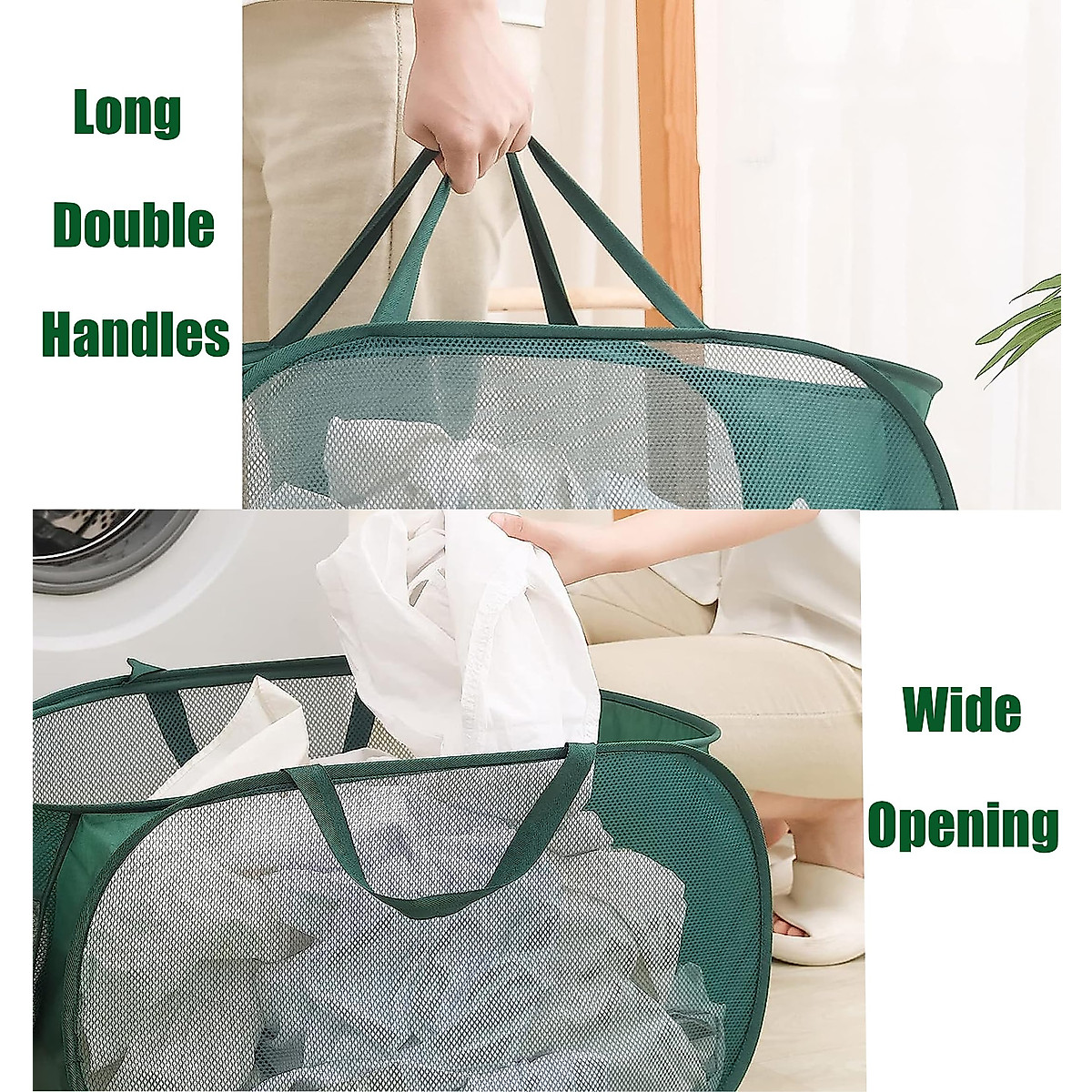Mesh Pop Up Laundry Hamper, Durable Collapsible Laundry Baskets with Side Pockets, Foldable Clothes Storage Hamper with Reinforced Carry Handles for Dorm, Laundry Room, Kids Room, Green,1 Pack