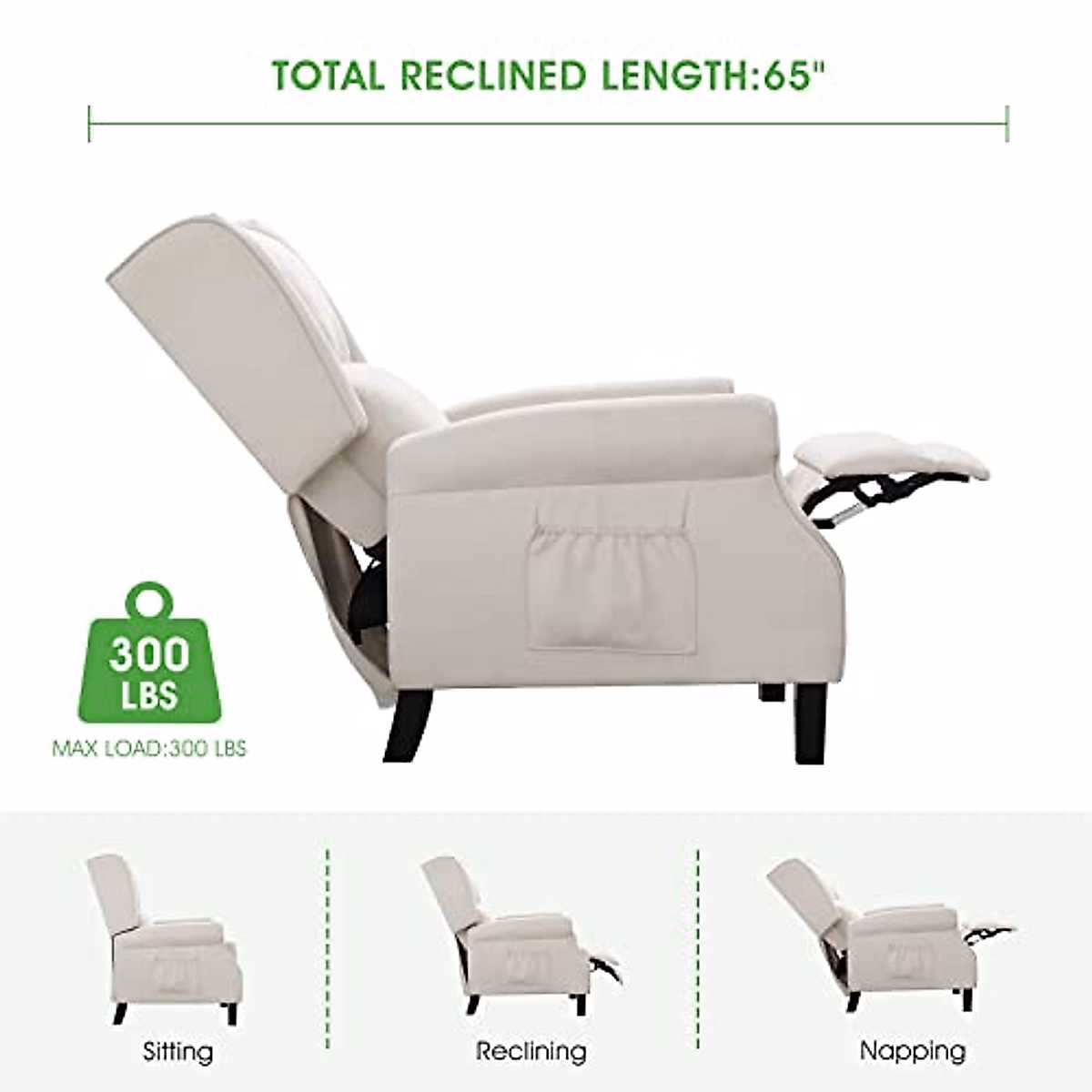 COOLDEX Wingback Recliner Chair with Heat & Massage Feature, Tufted Fabric Accent Chair Sofa for Reading, Living Room and Bedroom (Beige)