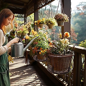 NEISRAI Iron Art Metal Railing Flower Pot Hanging Basket for Indoor Pot Holder Hanger 3 Pack Outdoor Plants Perfect for Porches and Patio Decor (Champagne)