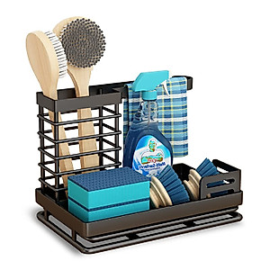 Teemuday Kitchen Sink Caddy, Dry Sink Organizer Drain Rack, Stainless Steel Sponge Holder With Water Tray, Kitchen Counter Storage For Soap, Sponge, Scrubber Brush,Dishes,Bottle Brush