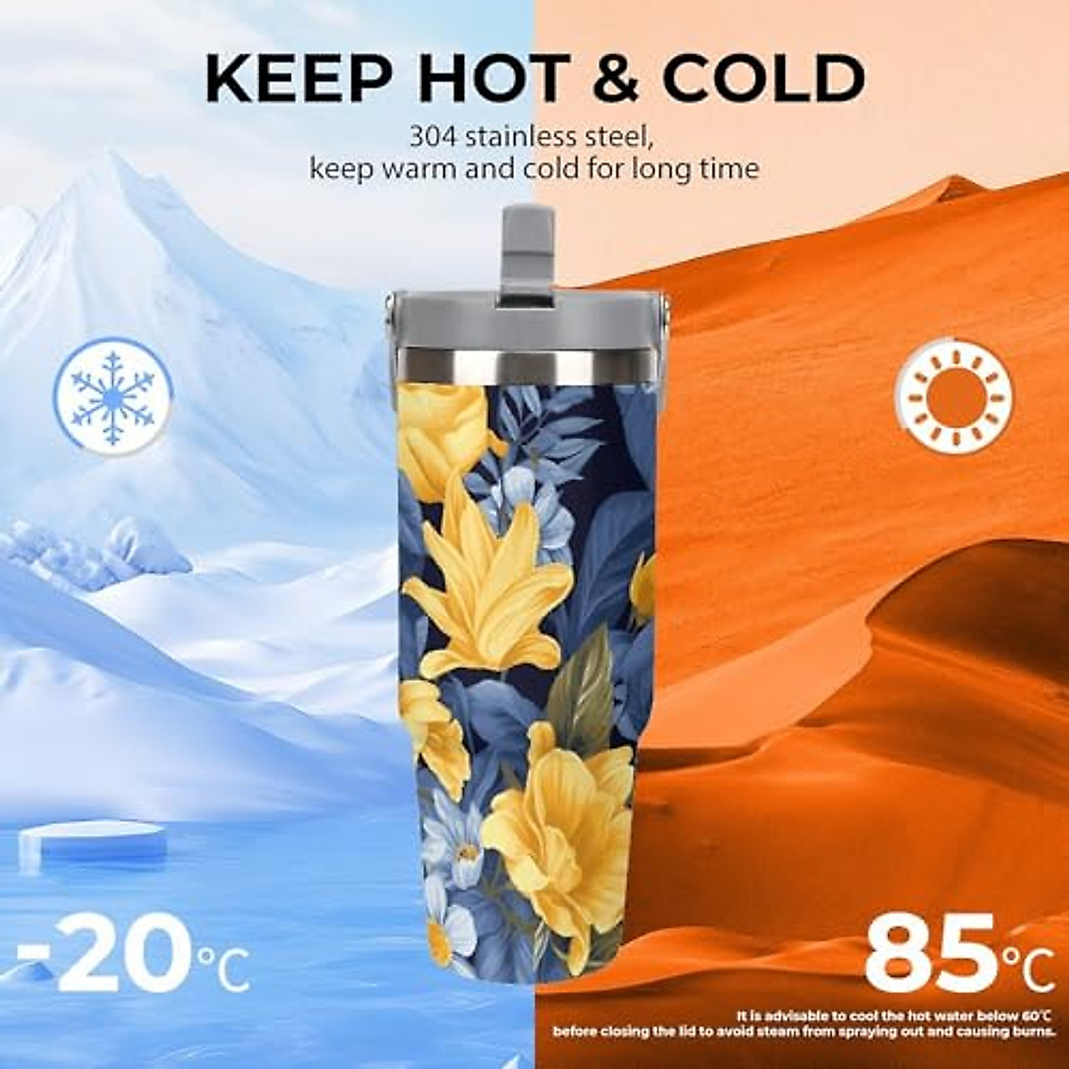30oz Stainless Steel Insulated Tumbler with Flip Lid & Straw, Leakproof Travel Mug for Car, Blue Base Yellow Floral Double Wall Vacuum Thermal Coffee Cup with Handle, Spill-Proof Design for Hot/Cold D