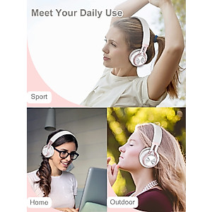 BASEMAN Wireless Over Ear Headphones, Long Battery Life Deep Bass Bluetooth Headphones with Microphone Wireless and Wired Headset for Computer iPhone Teens Girls Women School Travel - White Rose Gold
