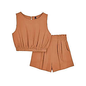 AUTOMET Short Sets Women 2 Piece Outfits Summer Outfits Two Piece Set Sleeveless Crop Tank Top Shorts Romper Lounge sets 2024 LightBrown M