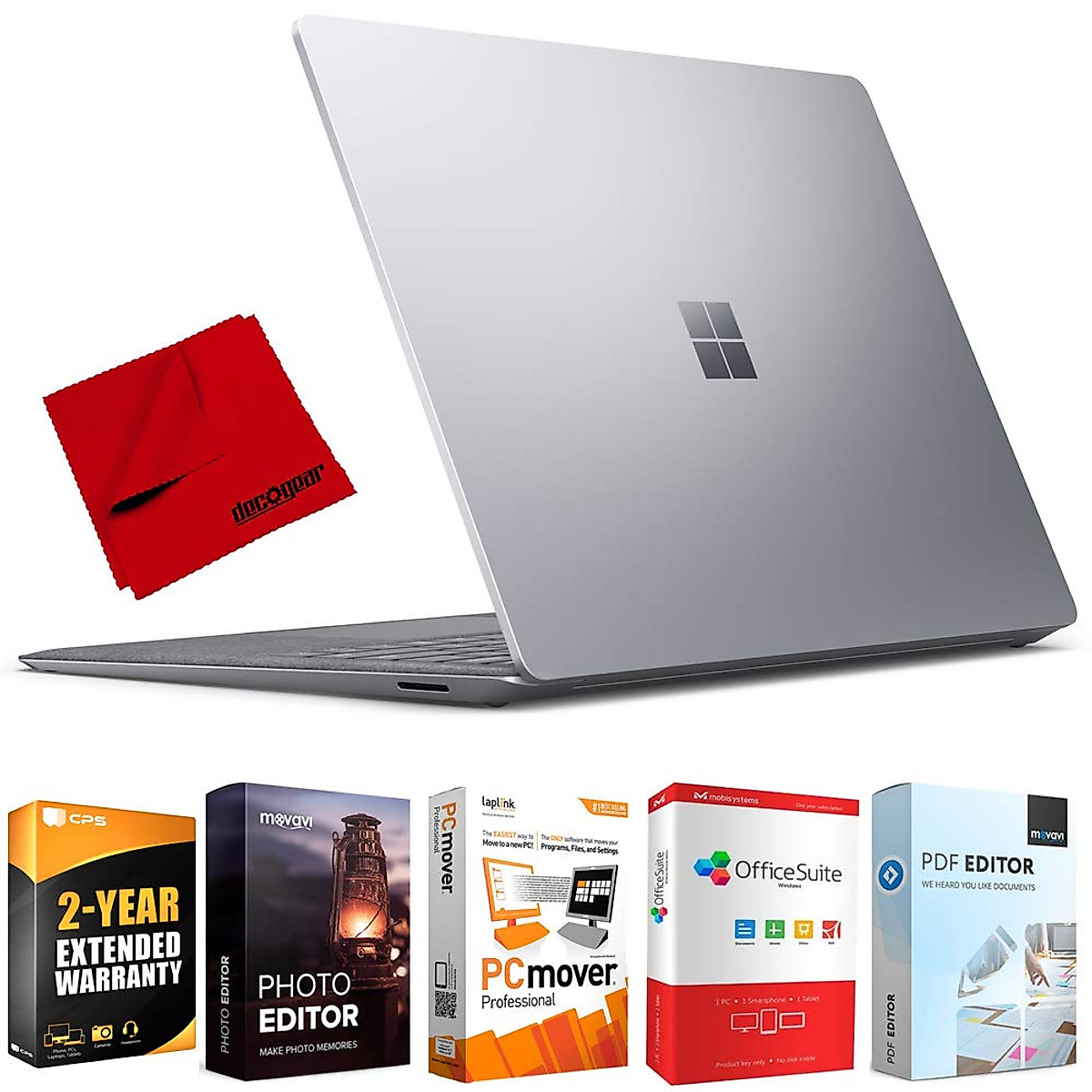 Microsoft V4C-00001 Surface Laptop 3 13.5 inch Touch Intel i5-1035G7 8GB/256GB Platinum Bundle with 2 YR CPS Protection Pack, Elite Suite 18 Standard Editing Software Bundle and Deco Gear Cloth