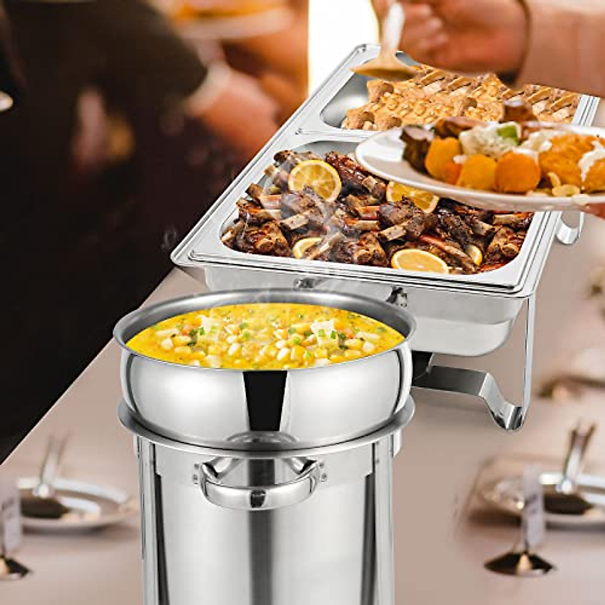 Restlrious Soup Chafer 11 QT Stainless Steel Round Soup Warmer Heating by Electric Plate or Fuel, Large Marmite Soup Chafer with Pot Lid and Frame, Commercial Grade for Catering Parties Events Banquet