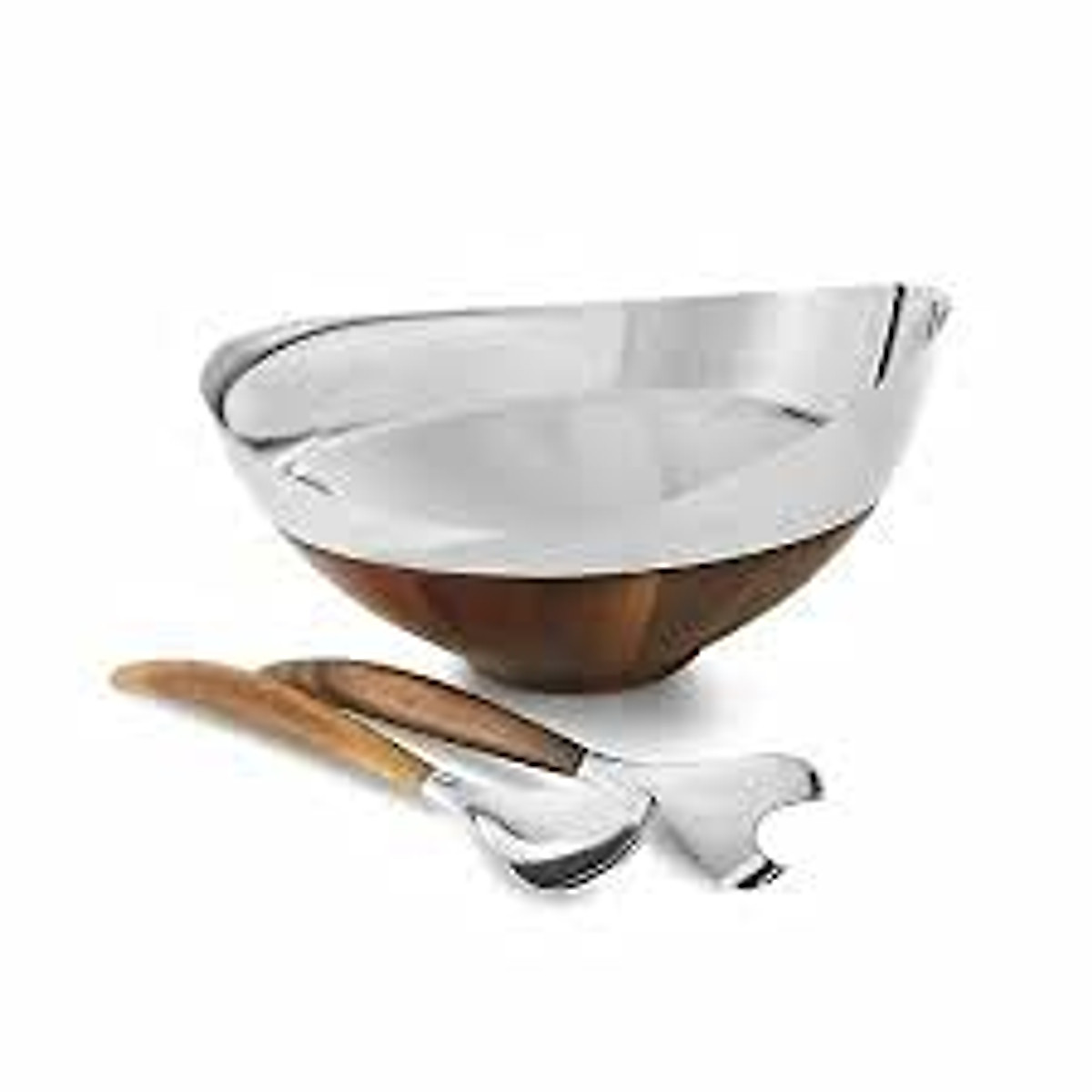 nambe Pulse Salad Bowl w/Servers | Large 13 Inch Salad Bowl with Serving Utensils | 3 Piece Decorative Wooden Salad Bowl Set | Made of Stainless Steel and Acacia Wood | Bowl is Dishwasher Safe