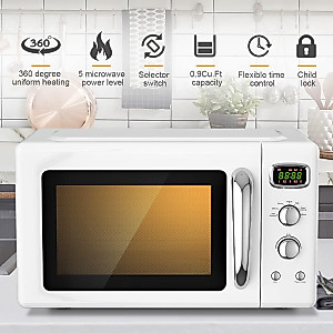 SIMOE Retro Microwave Oven, Compact Countertop Microwave 0.9 cu.ft. 900 W, Defrost & Auto Cooking Function, LED Display, Child Lock and Glass Turntable, ETL Certification, White
