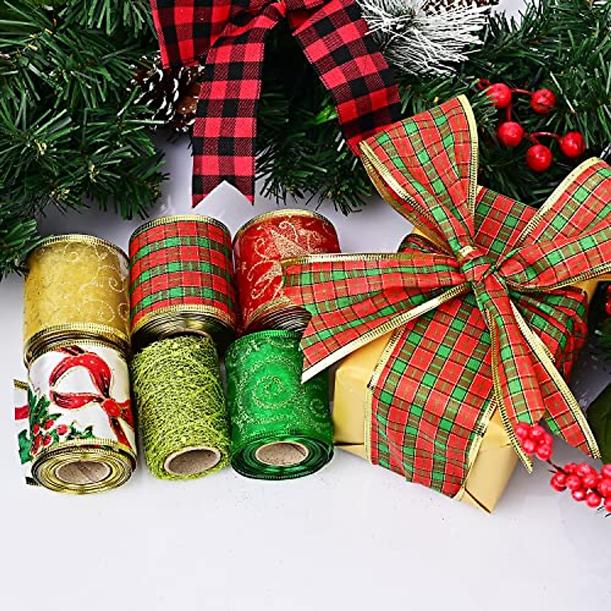 Christmas Ribbon Wired Wrapping Ribbon, 6 Rolls 36 Yards Red Green Gold Christmas Tree Ribbons Garland for Xmas Holiday Decorative Gift Wrapping Tree Wreaths Bows Decorations