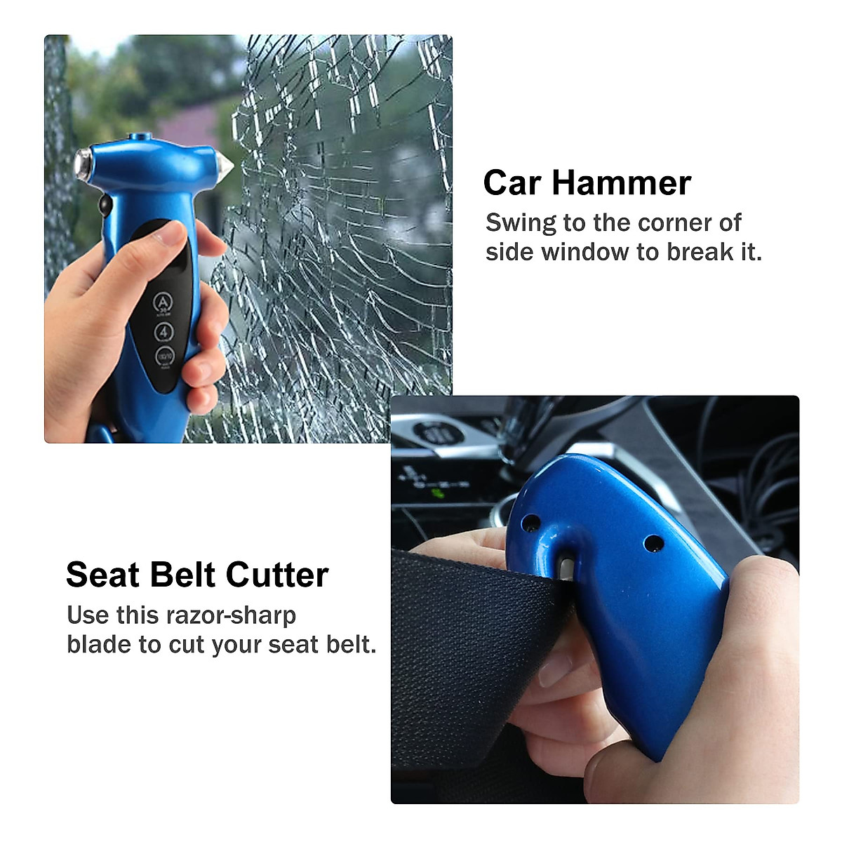 JUSTTOP Digital Tire Pressure Gauge, with Safety Hammer Multi-Function LCD Digital Display Car Tire Pressure Sensing System, Car Window Breaker, Seatbelt Cutter, Blue