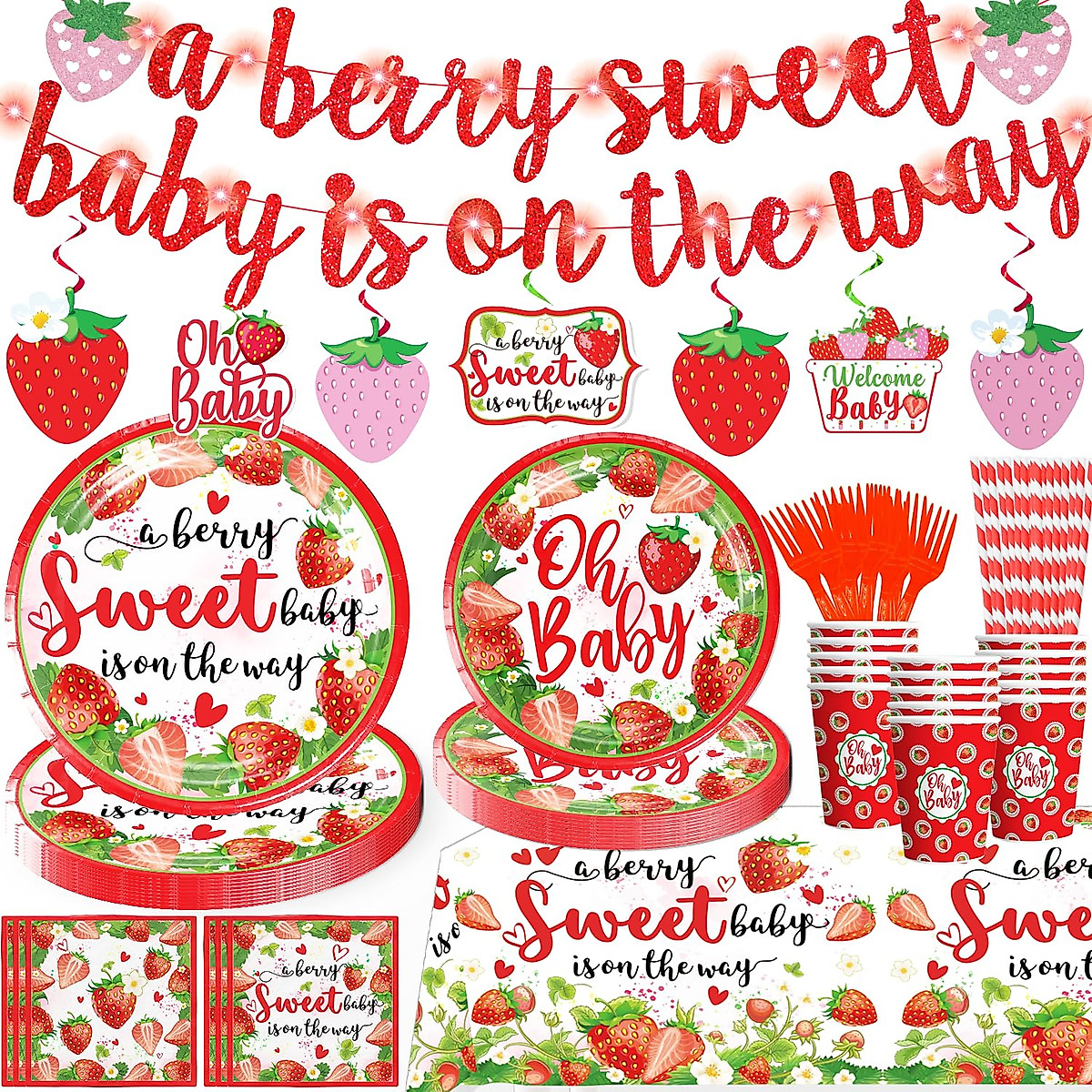 177 Pcs Strawberry Baby Shower Decorations, Berry Sweet Baby Shower Decorations A Berry Sweet Baby is on the Way Banner Tableware Hanging Swirls, Berry Sweet Baby Shower Strawberry Baby Shower Girl