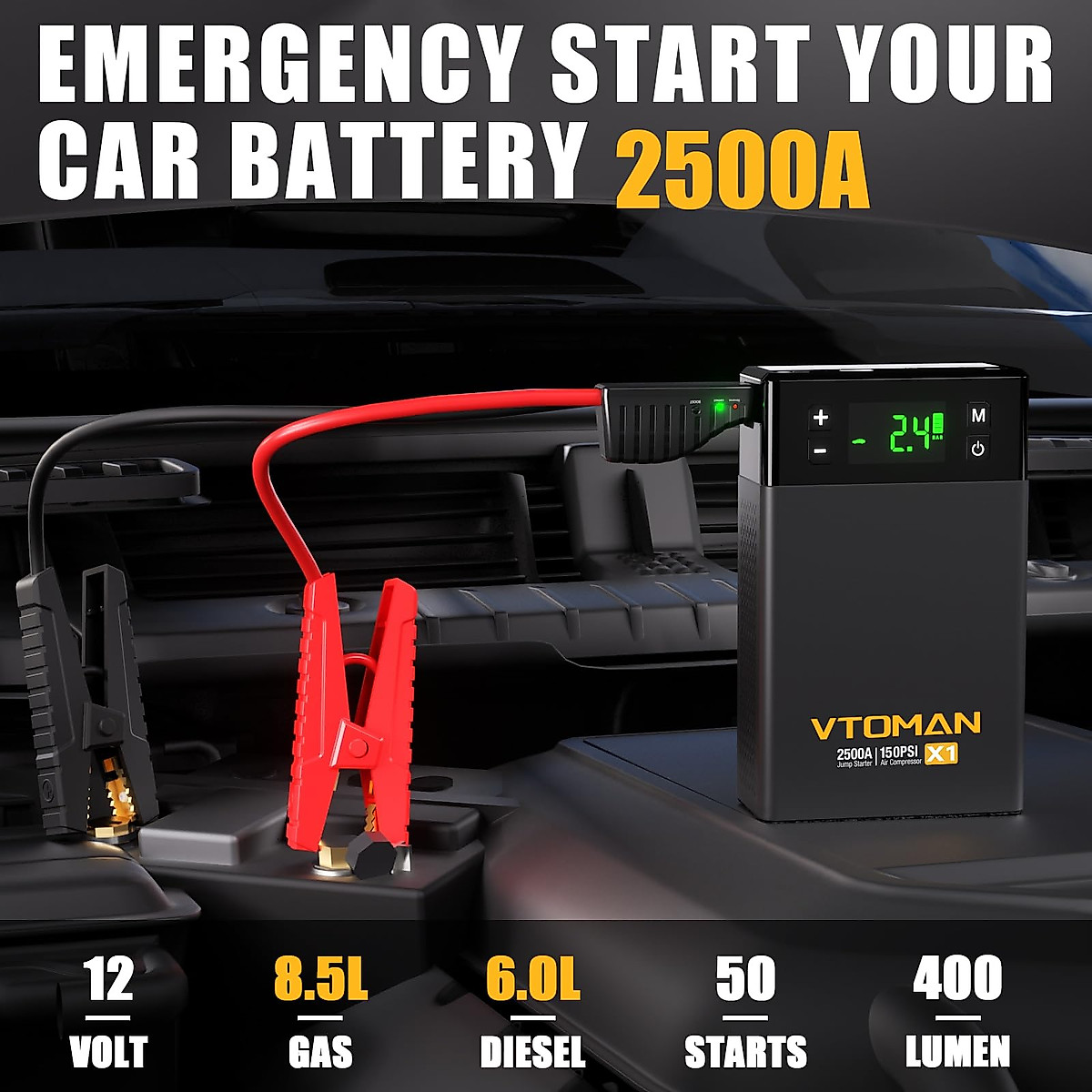 VTOMAN X1 Jump Starter with Air Compressor, Car Battery Jumper Starter (2500A, Up to 8.5L Gas/6L Diesel Engine) with 150PSI Auto Tire Inflator, 12V Portable Booster Pack, Lithium Jump Box Charger-Gray