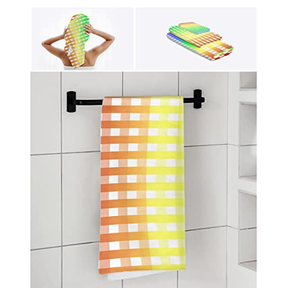 Rainbow Bath Towels Set for Bathroom, Soft Absorbent Durable Quick Dry Towel Set of 3 Multifuntion, 1 Bath Towel+1 Hand Towel +1 Washclothe, Colorful Gradient Plaid