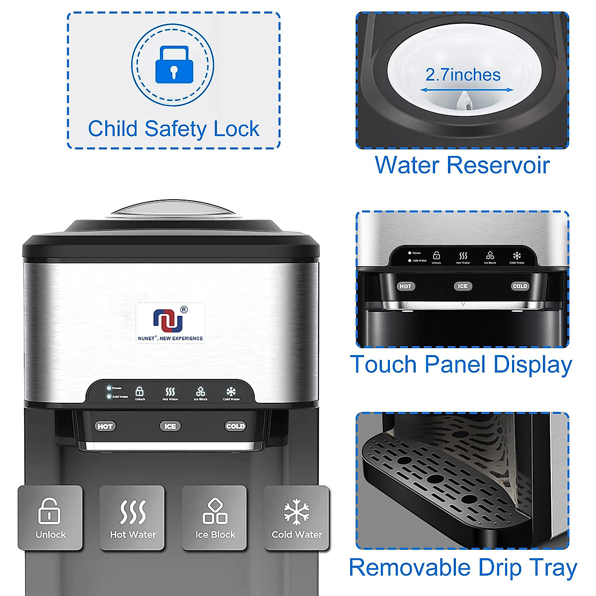 Water Cooler Dispenser Built-in Ice Maker Countertop,3-in-1 Portable Ice Machine 44lbs Daily,Top Loading 5 Gallon Water Dispenser w. Child Safety Lock & Tri-Temp Water Option-Hot,Cold & Ice Block