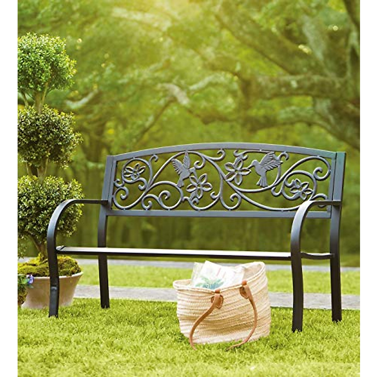 Plow & Hearth Black Metal Hummingbird Garden Bench for Patio, Yard and Garden with Detailed Decorative Back Design Featuring Birds, Vines and Flowers, 50" W x 19½"D x 34½"H