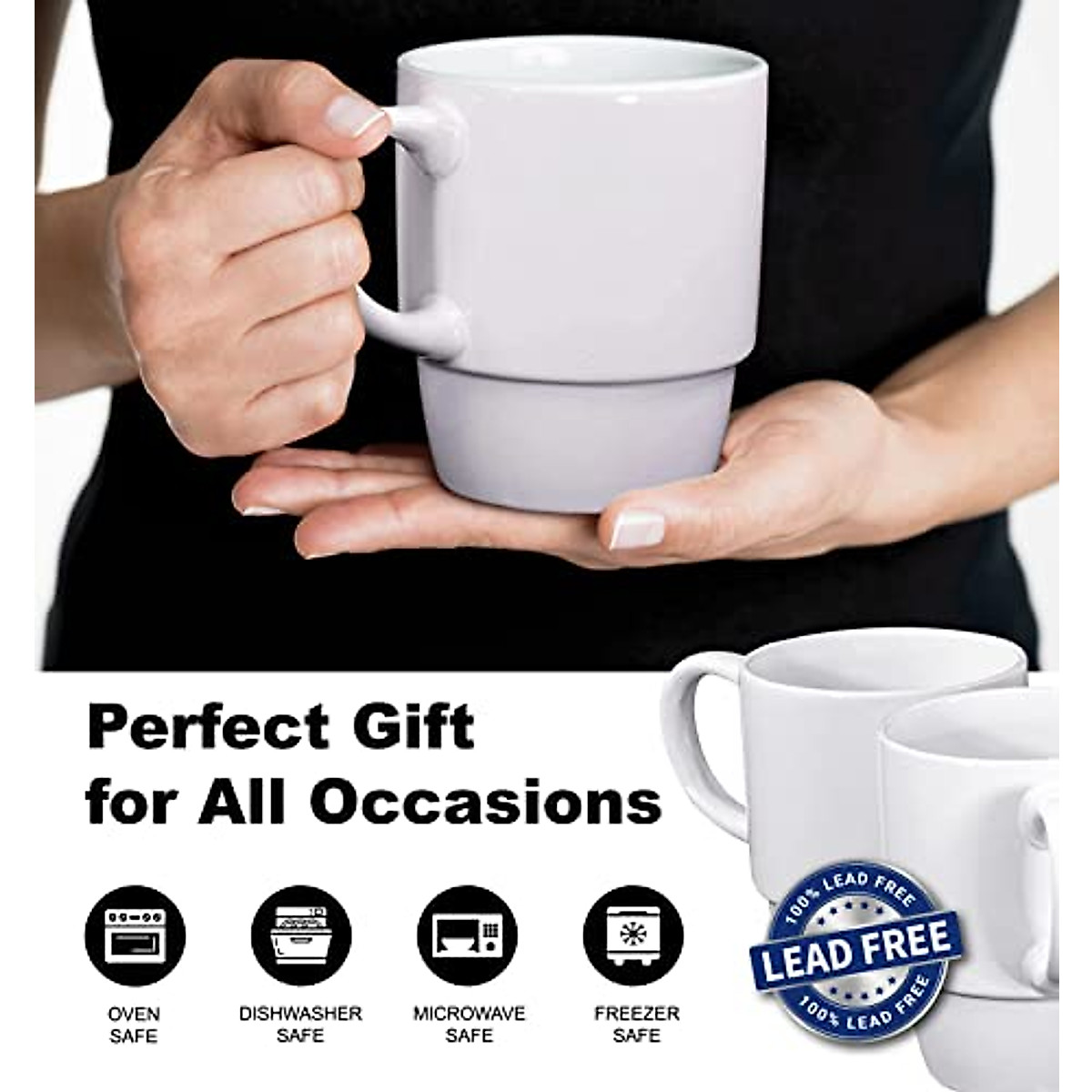 Bruntmor 18 Oz Plain Stacking Coffee Mug Set of 6, Cute 18 Ounce Porcelain Mugcup Set In White, Best Coffee Mug For Your Christmas, Birthday Gift, or DIY Decoration