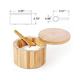 KITCHENDAO Bamboo Salt Cellar Bowl Box Container with Built-in Spoon to avoid Dust, Elegant Kitchen Salt Dish Holder Saver Jar with Swivel Magnetic Lid to Storage Pepper Spice Bath Salt Sea Salt, 6OZ