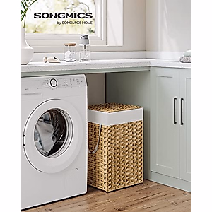 SONGMICS Laundry Hamper with Lid, 17.2 Gallon (65L) Synthetic Rattan Clothes Laundry Basket with Lid and Handles, Foldable, Removable Liner, Natural ULCB165N01