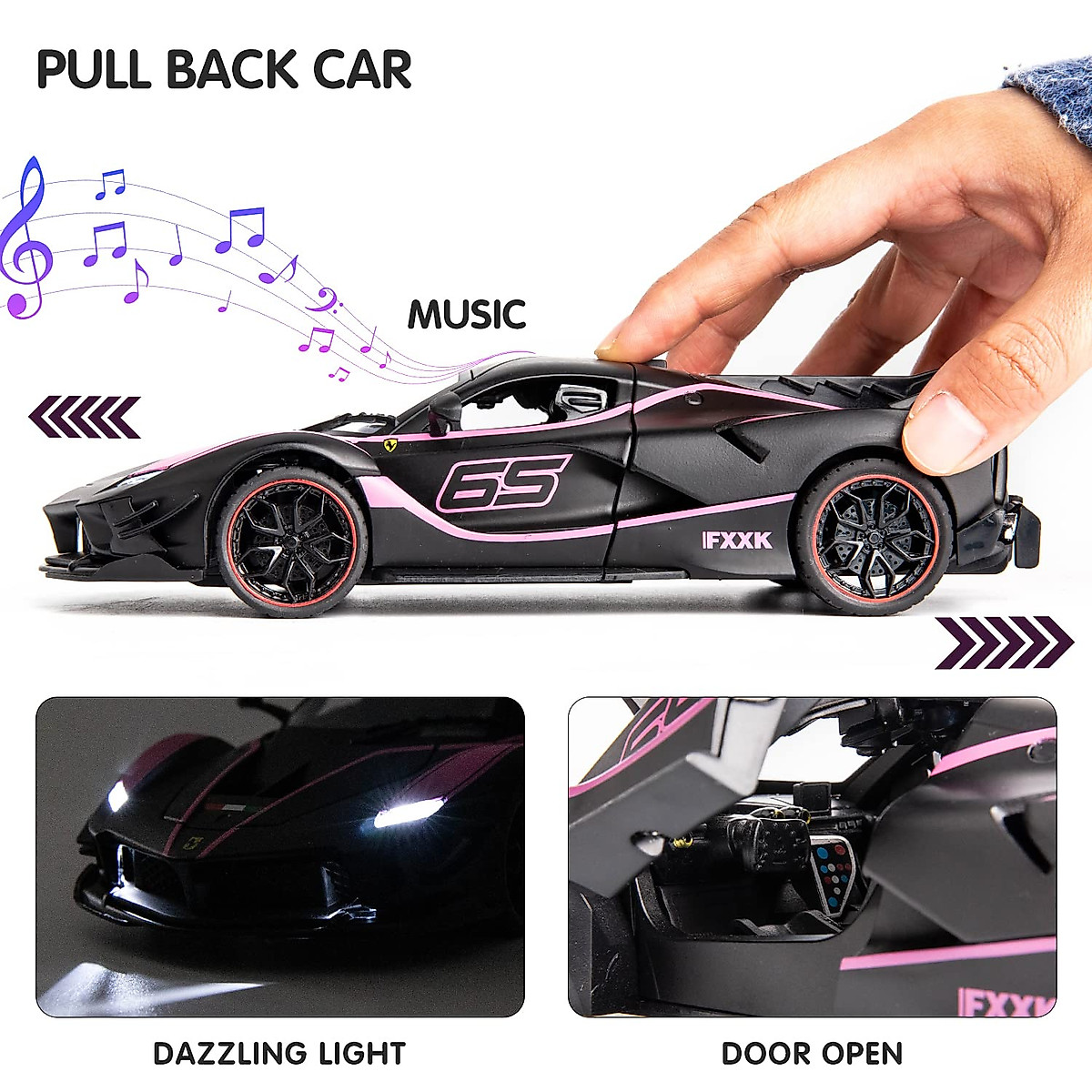 BDTCTK Compatible for 1:24 Ferrari FXXK Diecast Car Model, Zinc Alloy Pull Back Car with Sound and Light for Kids Boy Girl Black