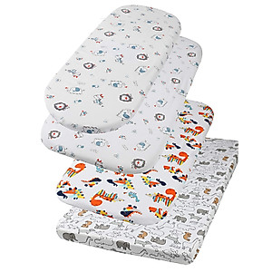 Jersey Cotton Bassinet Sheet Set 3 Pack Fitted Cradle Sheets, Ultra Soft Stretch 190 GSM, for Baby Boy, Universal Fit Rectangle Oval Hourglass Bassinet Mattress, Dinosaur Elephant Koala
