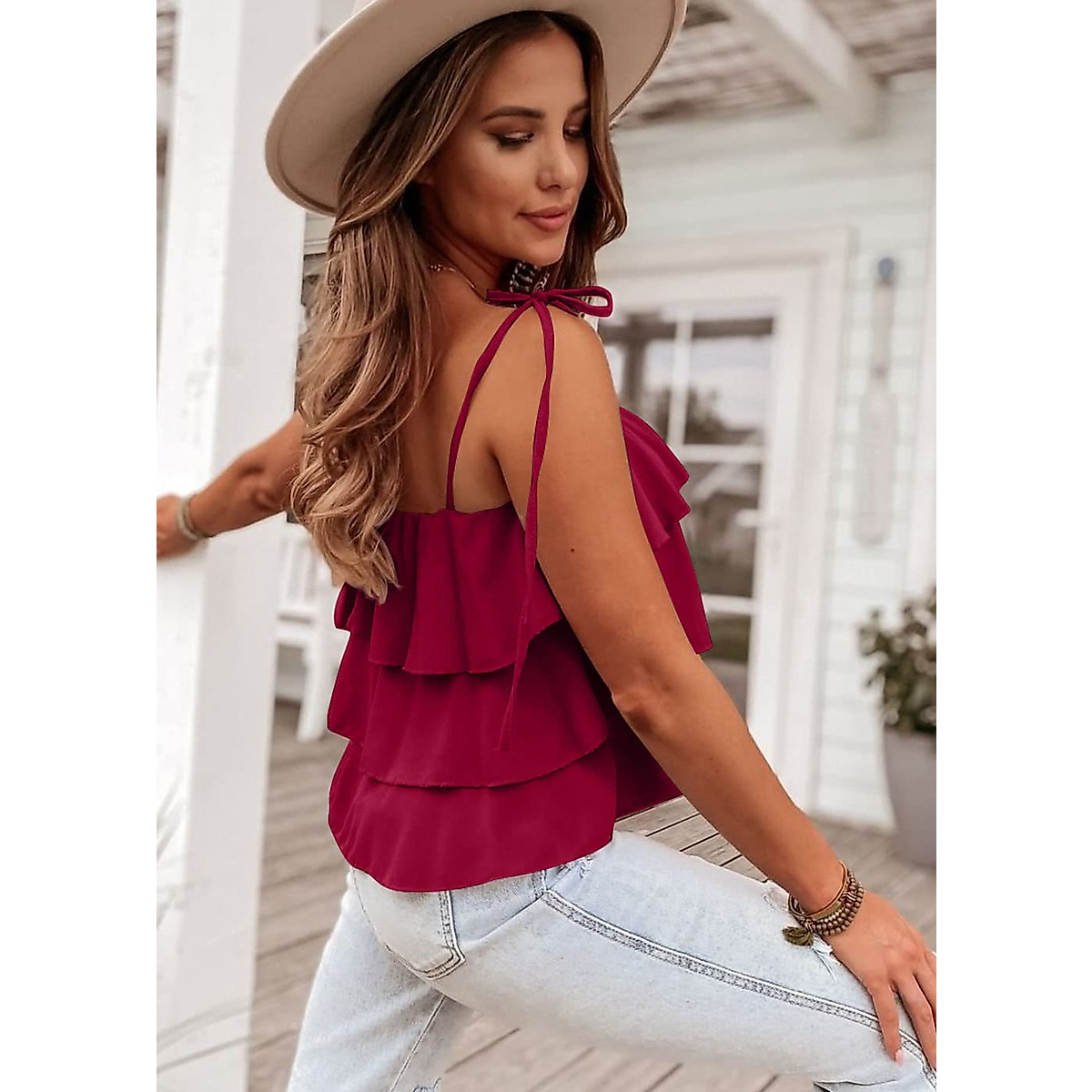 KIRUNDO Women's 2025 Summer Spaghetti Strap Cami Tank Tops Tiered Ruffle Tie Shoulder Flowy Sleeveless Shirts Camisole(Jujube Red, X-Large)