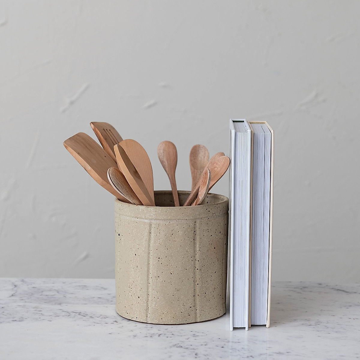 Decorative Stoneware Crock with Line Detail, Tan